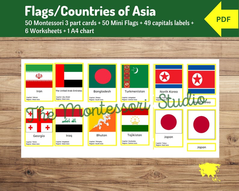 Flags of Asia | Montessori Geography | Asian Countries and Capitals - Etsy