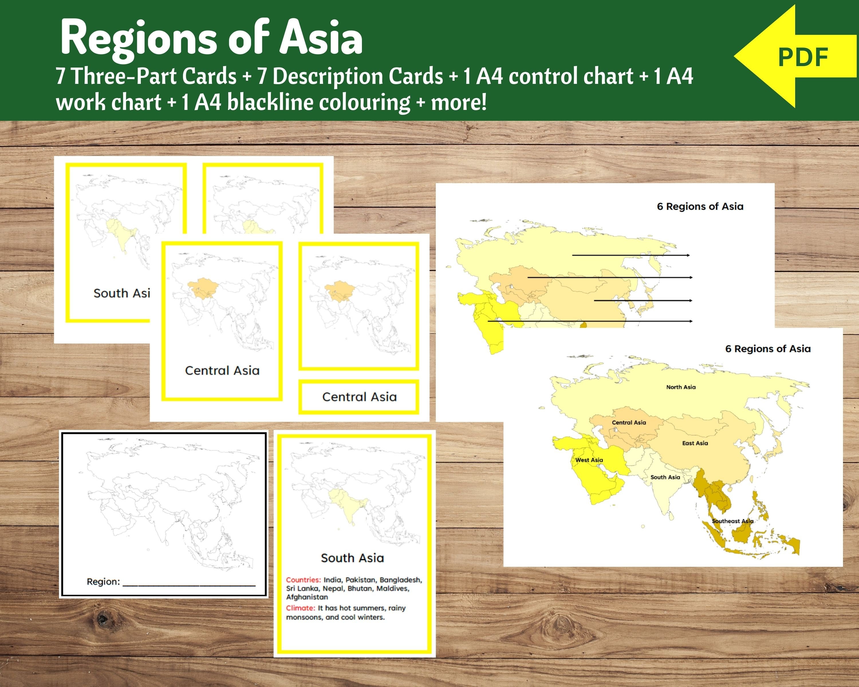 Regions of Asia Montessori Bundle - Sub-regions, 3-part Cards ...