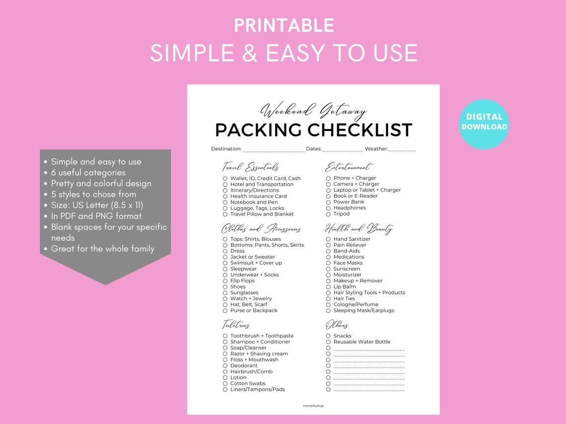 Packing List Printable Travel Packing Checklist Weekend Getaway Packing ...