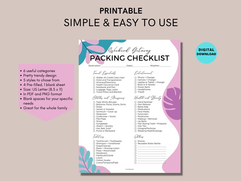 Packing List Printable Travel Packing Checklist Weekend Getaway Trip ...