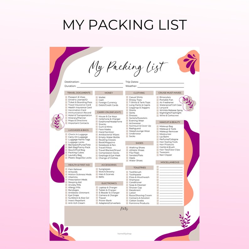 Travel Packing List Printable: Vacation Planner Checklist (PDF) - Etsy