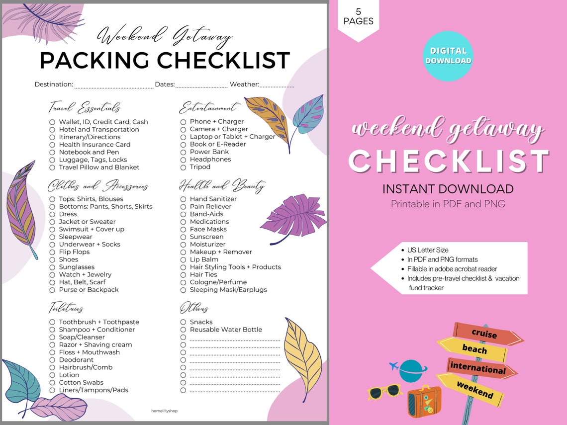 Packing List Printable Travel Packing Checklist Weekend Getaway Packing ...
