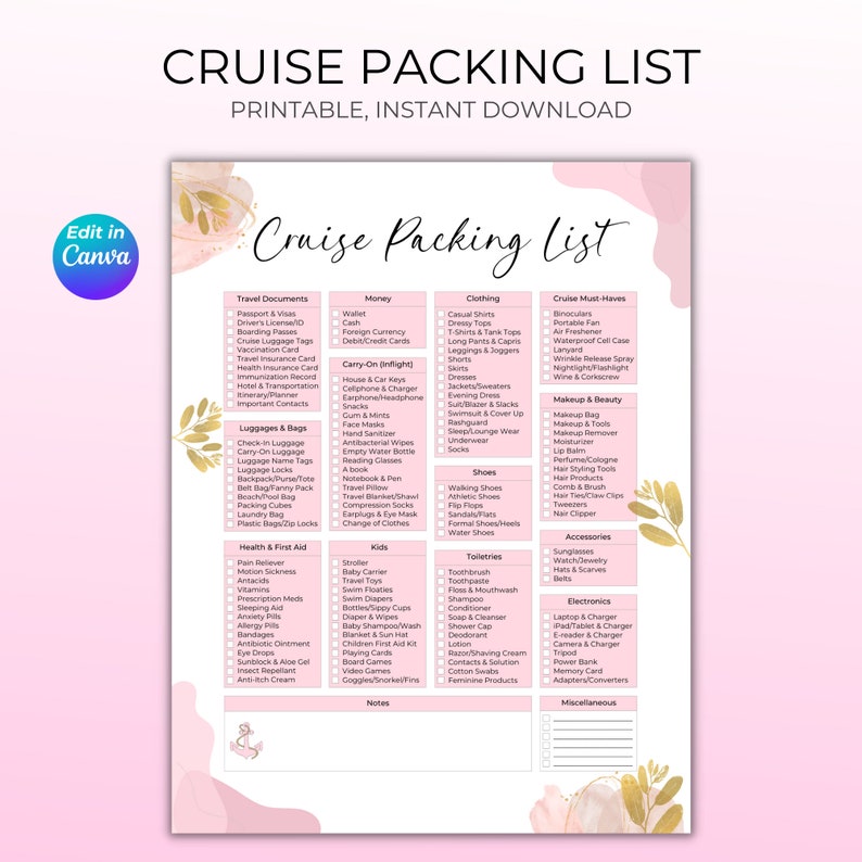 Packing List Template Bundle Cruise Packing List Travel Packing List ...