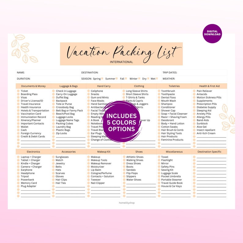 Travel Packing List Checklist: Vacation Planner (printable) - Etsy