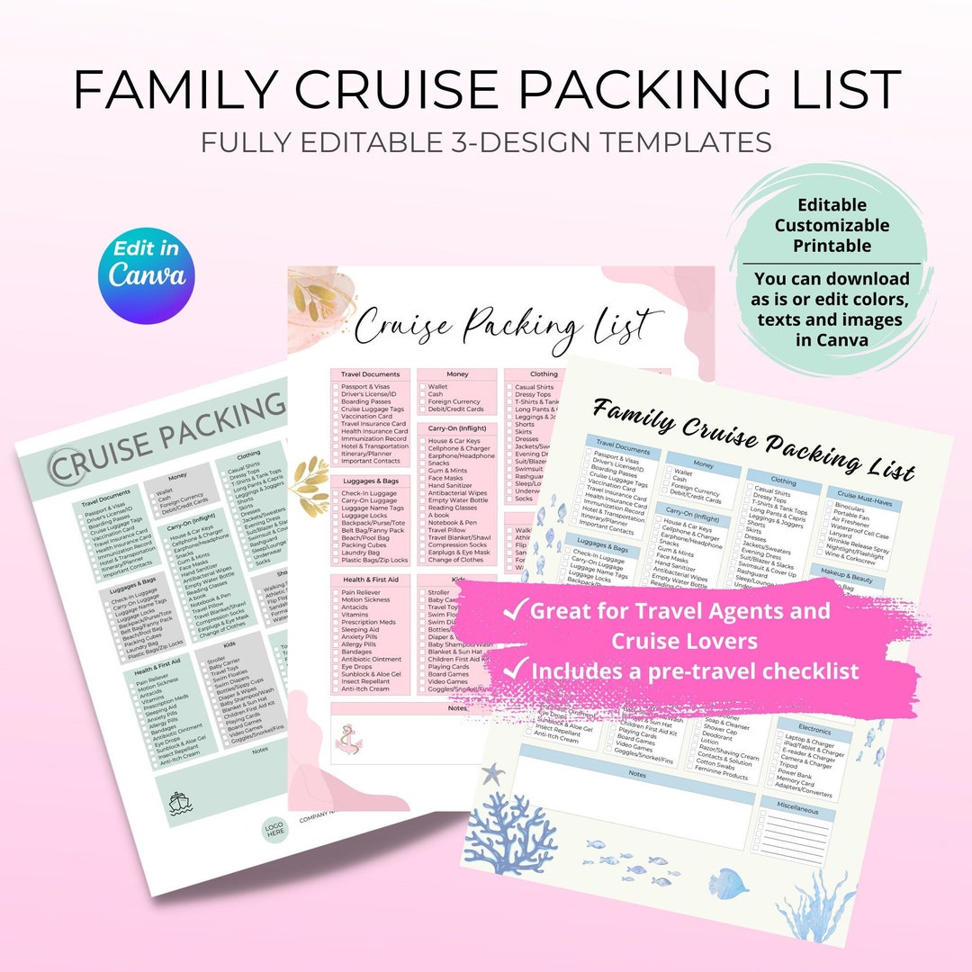 Cruise Packing List Template Bundle: Editable Travel Checklist (digital ...