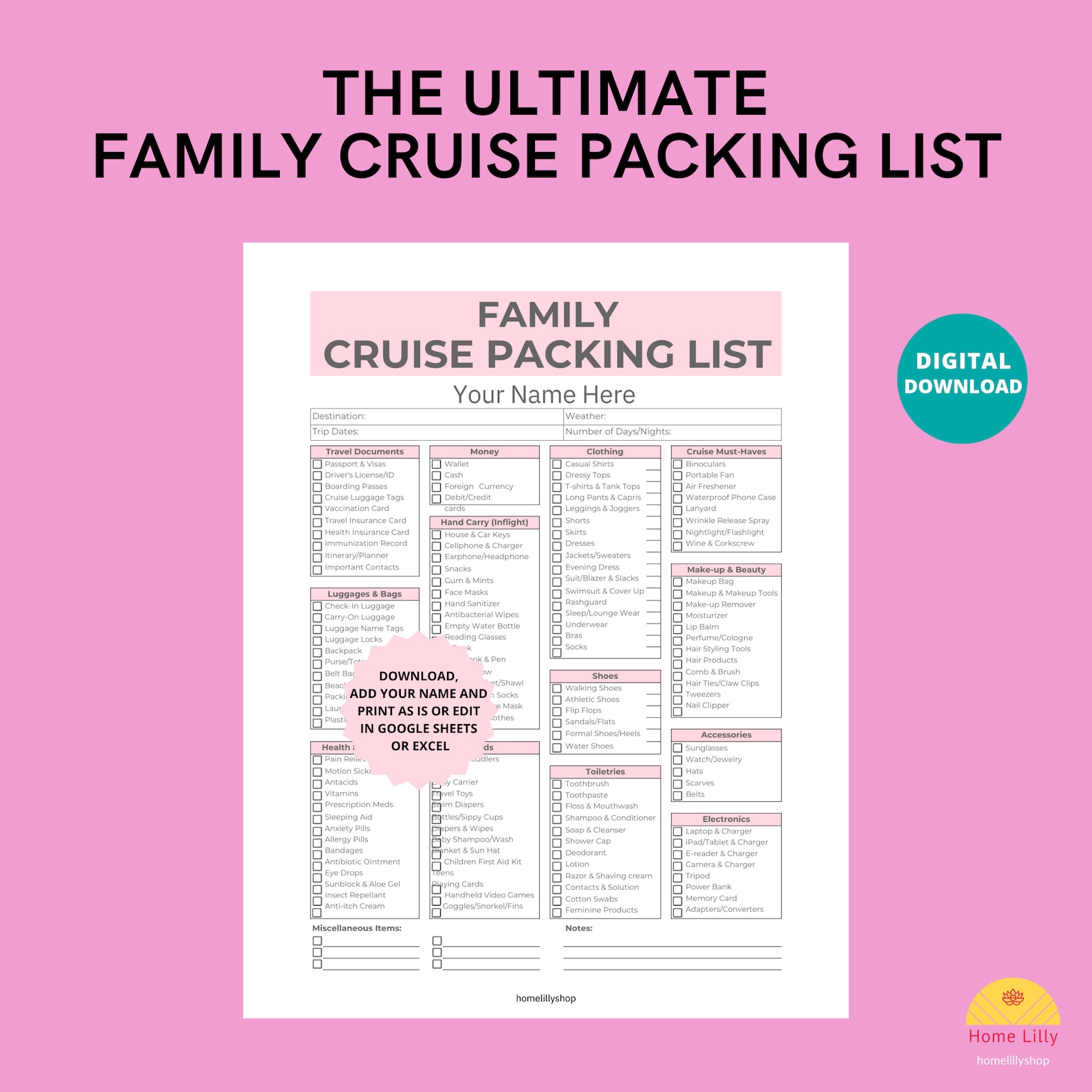 Editable Packing List Family Packing List Cruise Checklist Travel ...