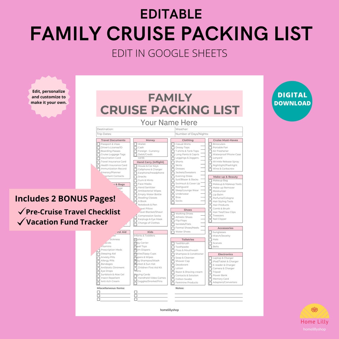 Editable Packing List Family Packing List Cruise Checklist Travel ...