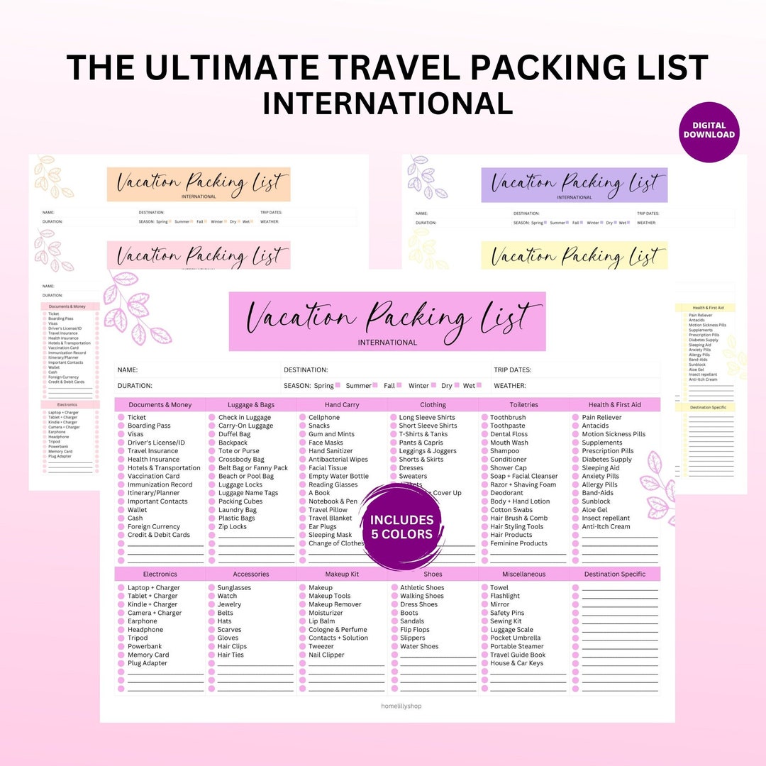 Travel Packing List Checklist: Vacation Planner (printable) - Etsy