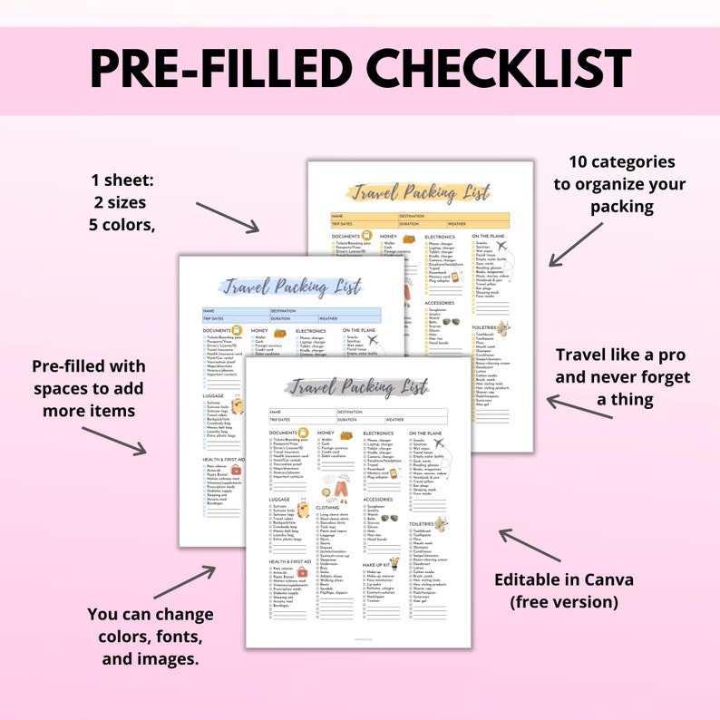 Travel Packing List Editable Packing List Packing Checklist Travel ...