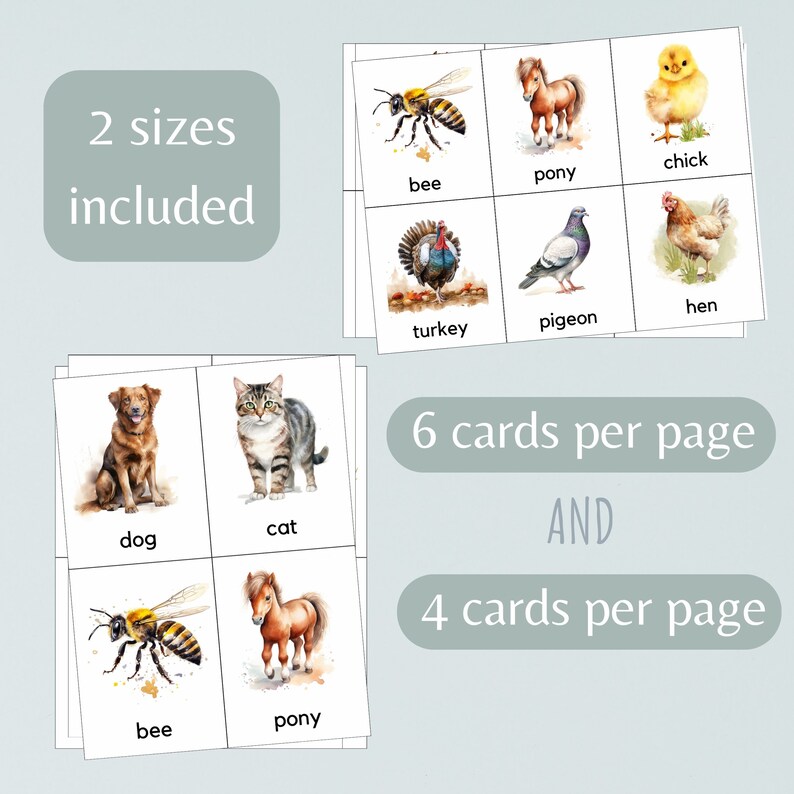 Watercolor Farm Animals Flashcard Bundle Montessori Flashcards 20 ...