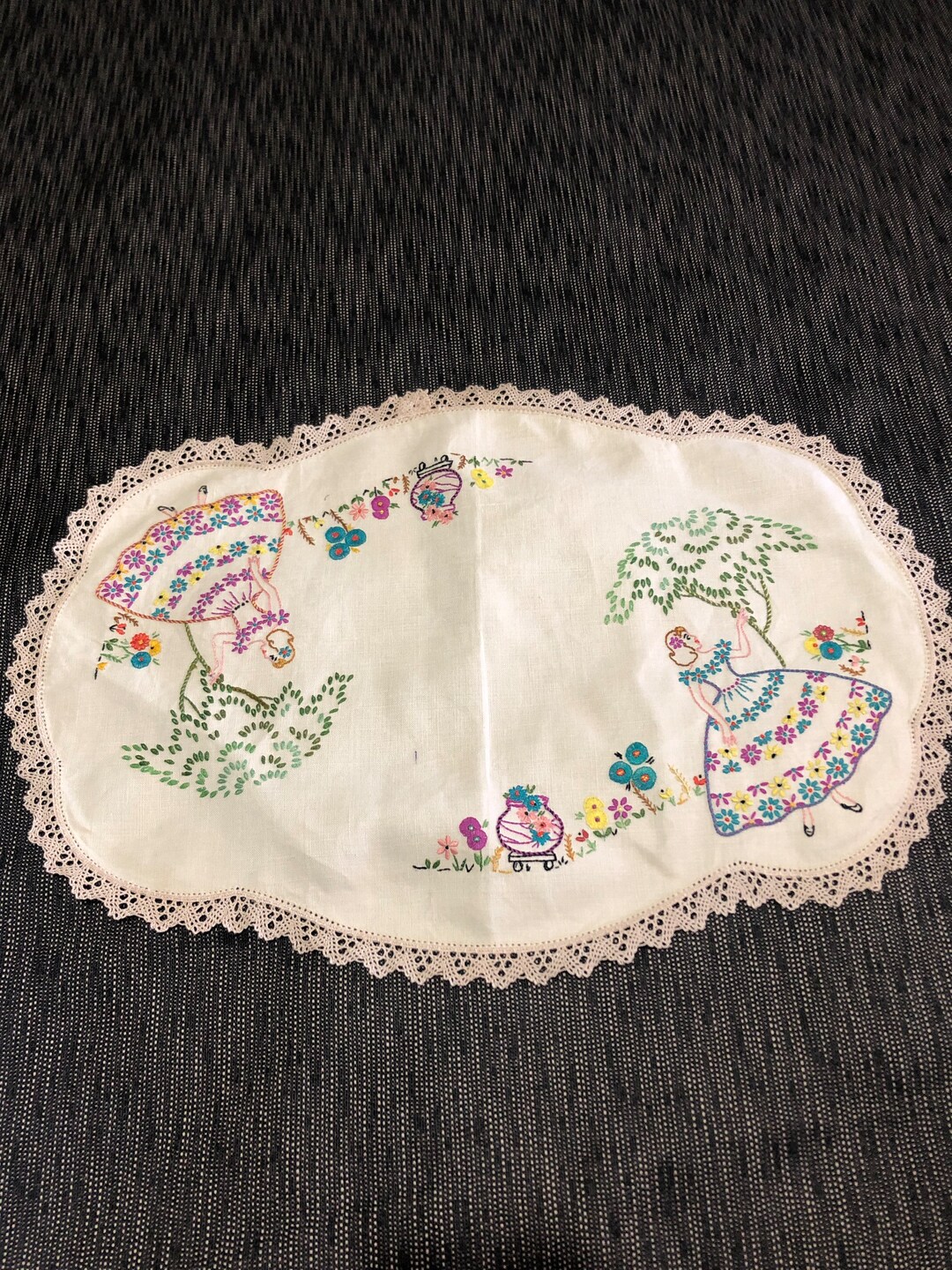 Antique Hand Embroidered Doilie of Two Elegant Ladies Adorned With ...