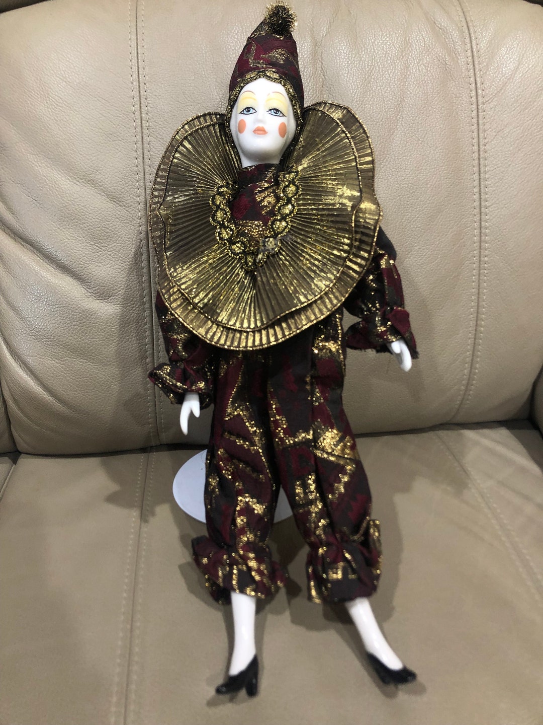 Vintage Harlequin Porcelain Doll With Deep Burgundy and Gold Costume ...