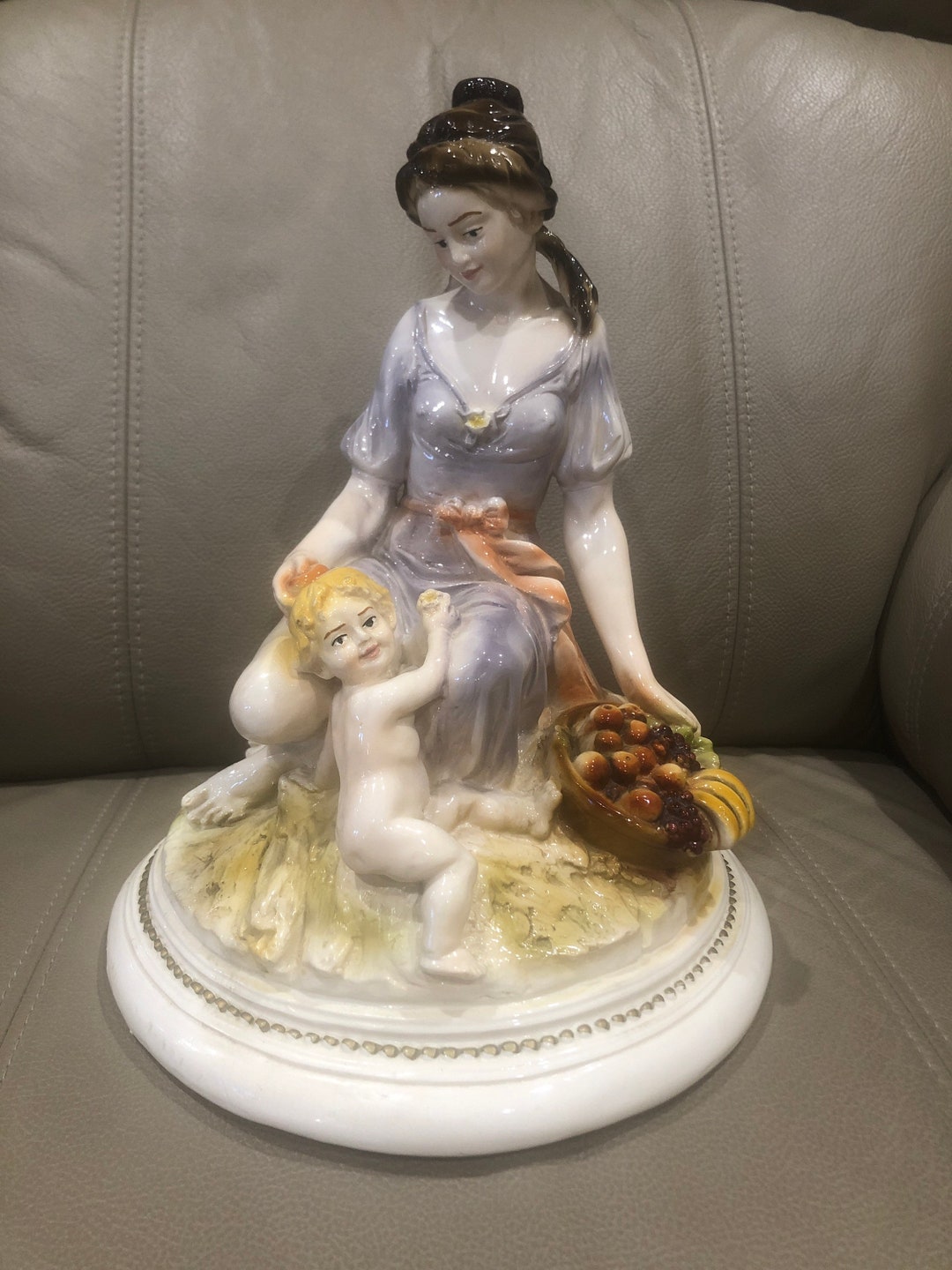 Antique Large Hand Painted Glazed Statue of Young Woman and Child With ...