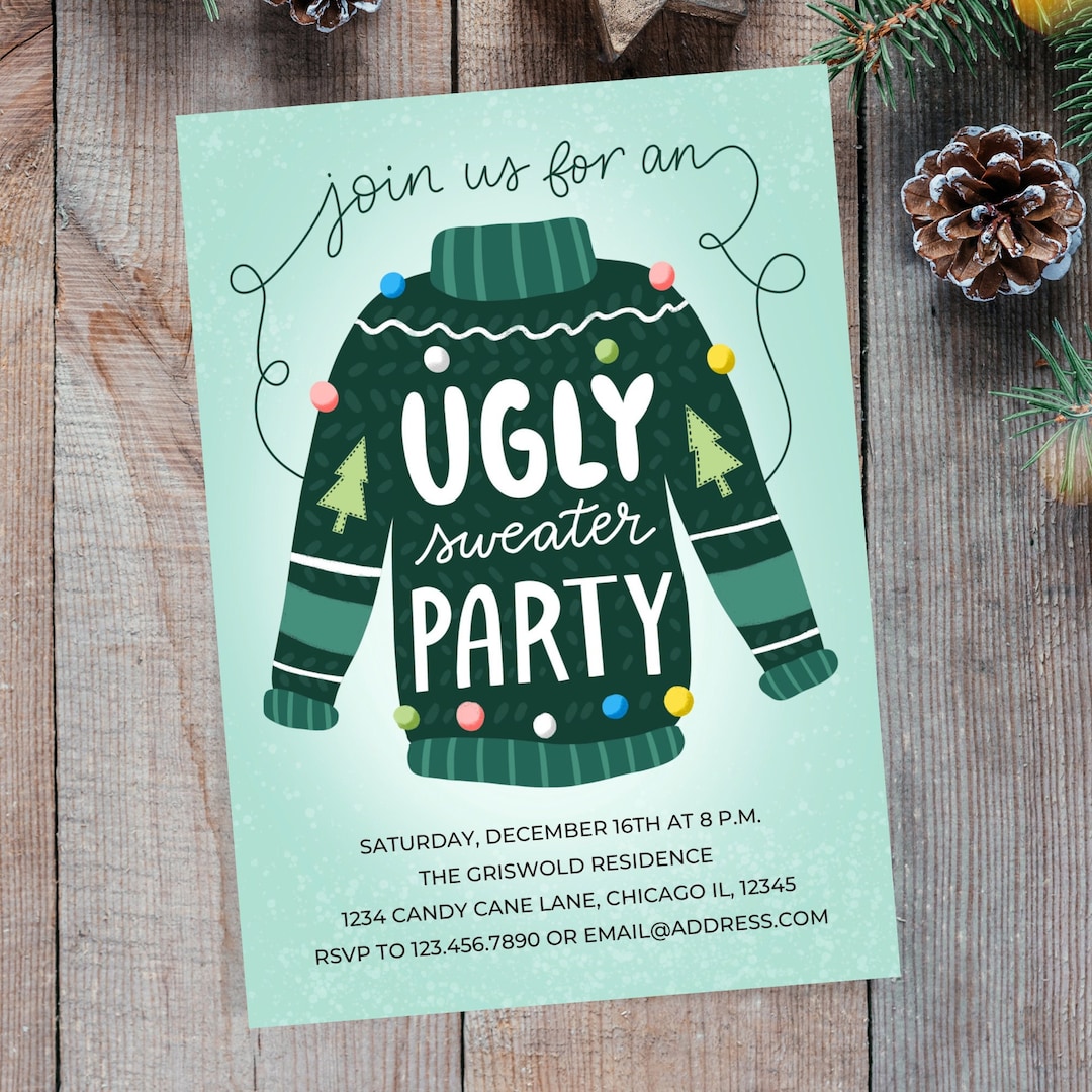 Ugly Christmas Sweater Invite, Editable Template, Christmas Party ...