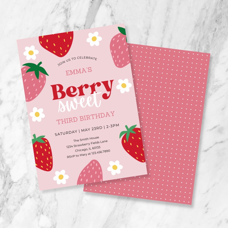 Berry Sweet Birthday Invitation Girls Birthday Editable Template