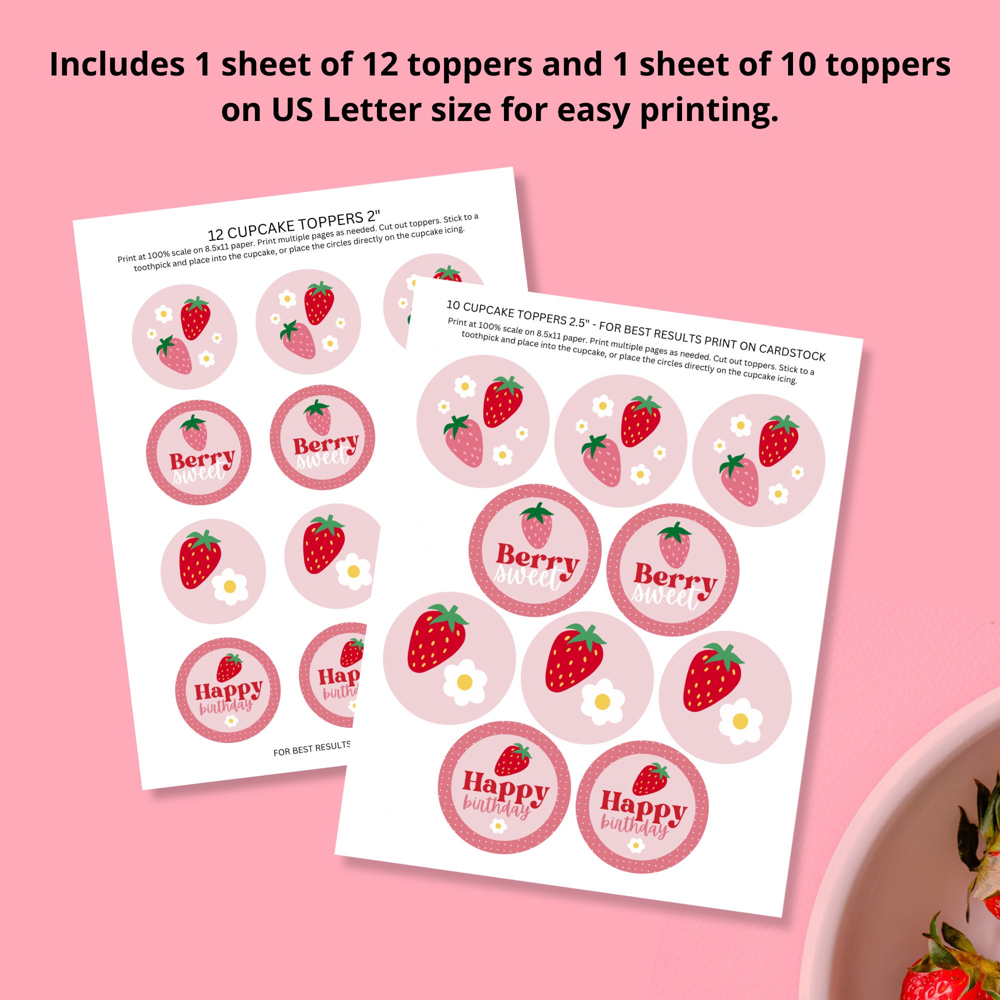 Berry Sweet Printable Cupcake Toppers, Strawberry Birthday Party, Party ...