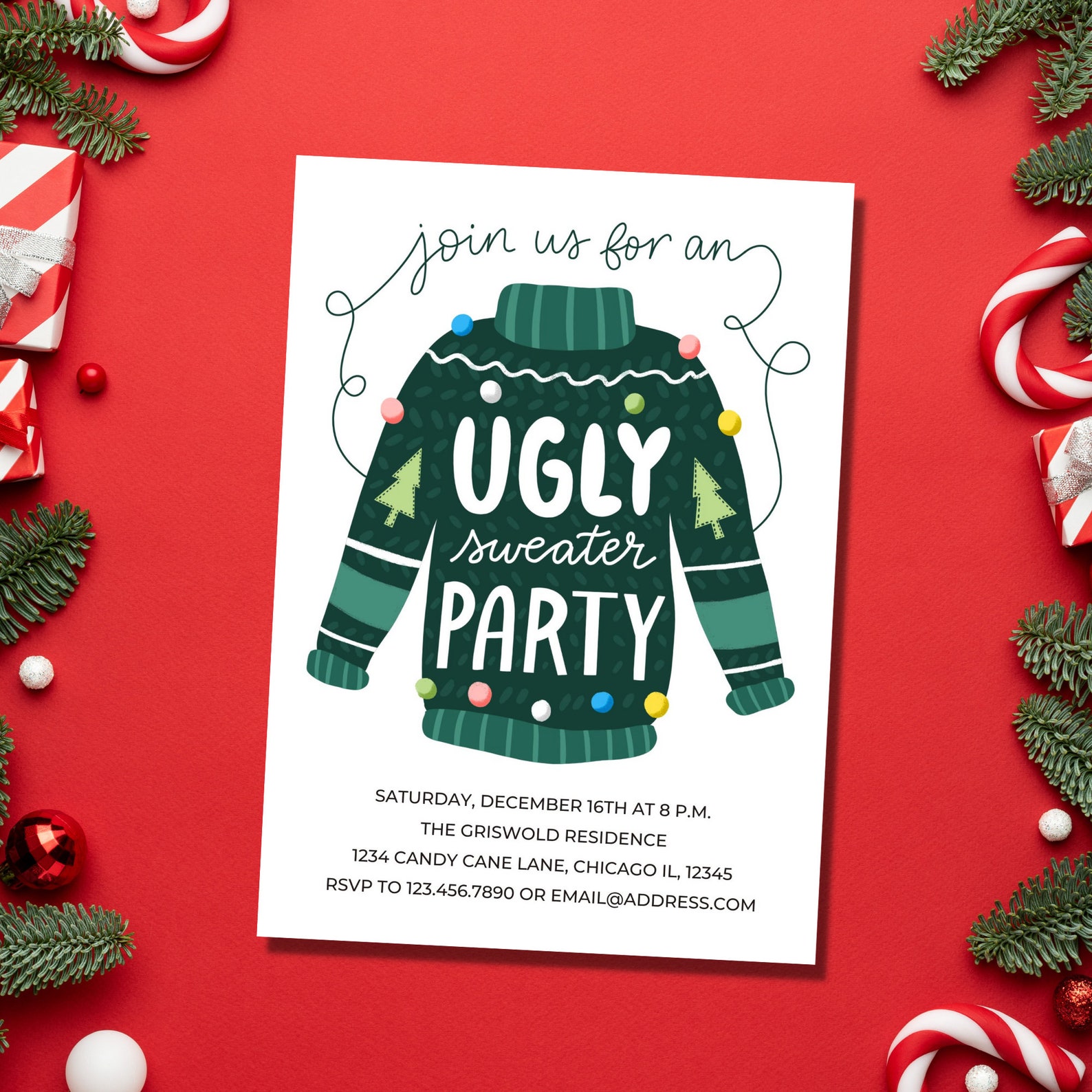 Ugly Christmas Sweater Invite, Editable Template, Christmas Party ...