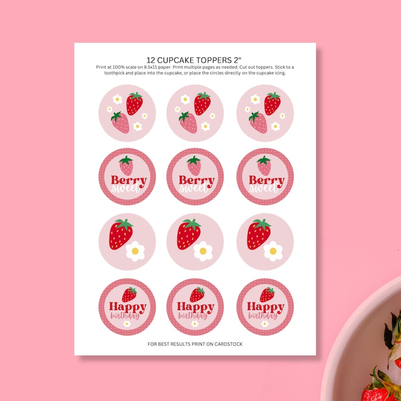 Berry Sweet Printable Cupcake Toppers, Strawberry Birthday Party, Party ...