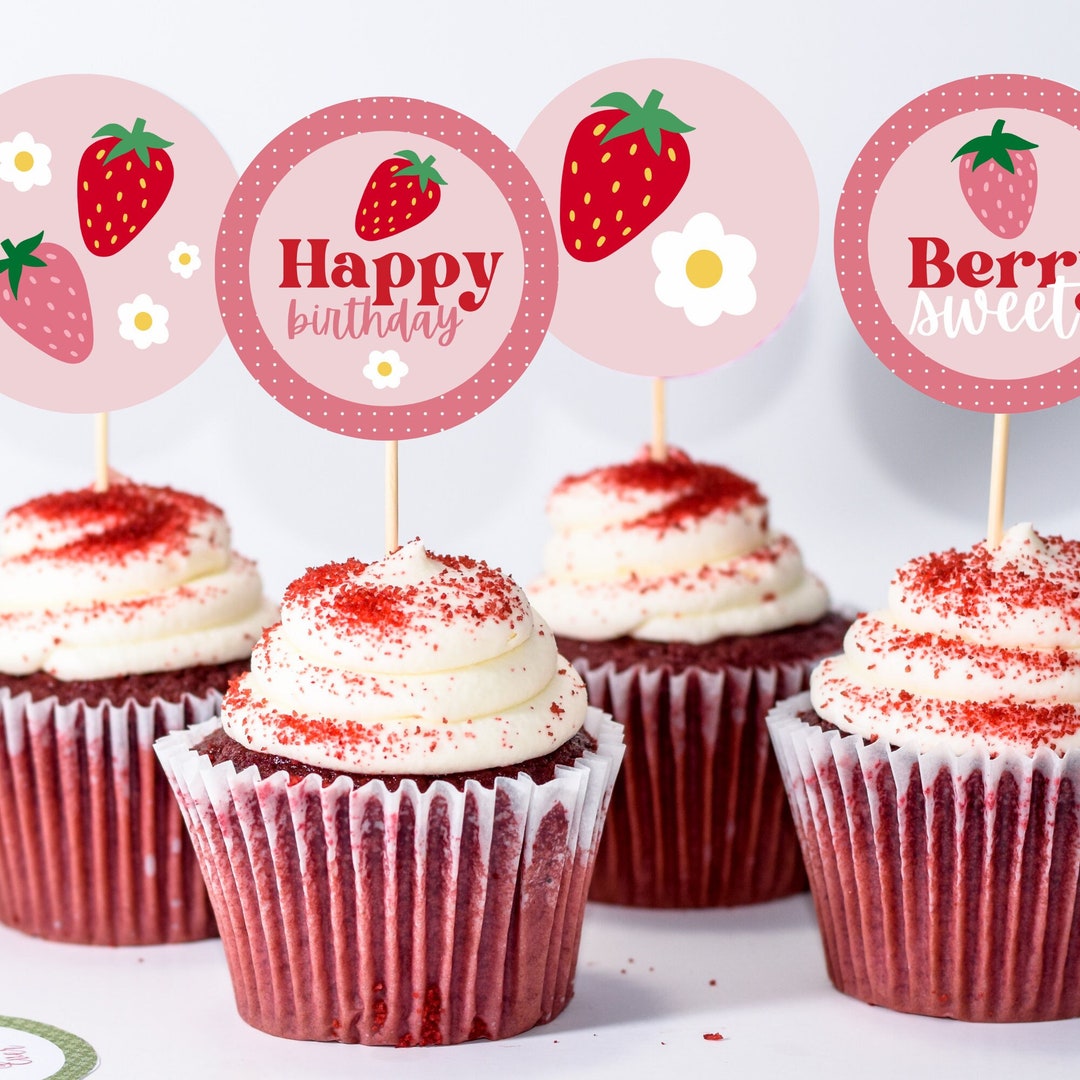 Berry Sweet Printable Cupcake Toppers, Strawberry Birthday Party, Party ...
