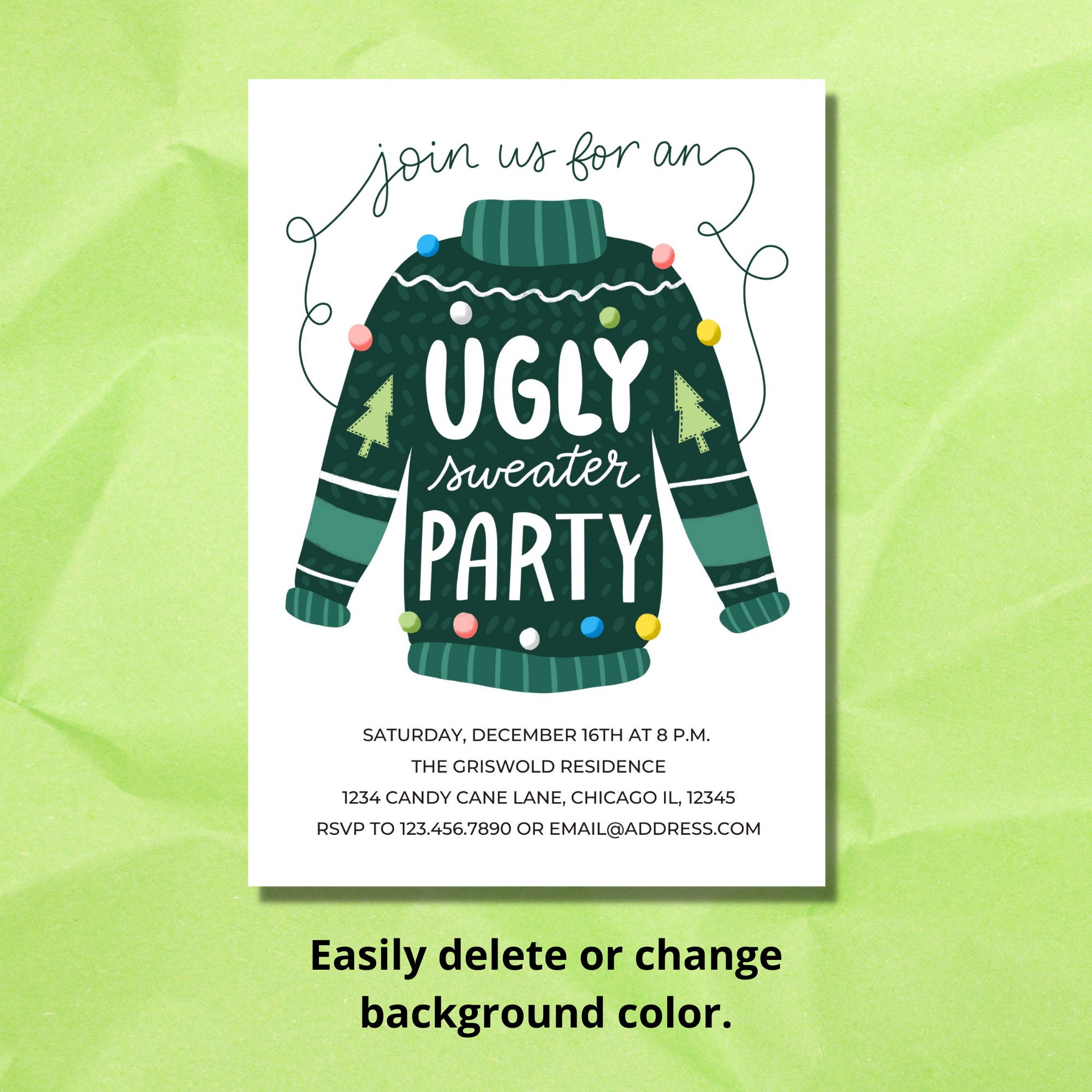 Ugly Christmas Sweater Invite, Editable Template, Christmas Party ...