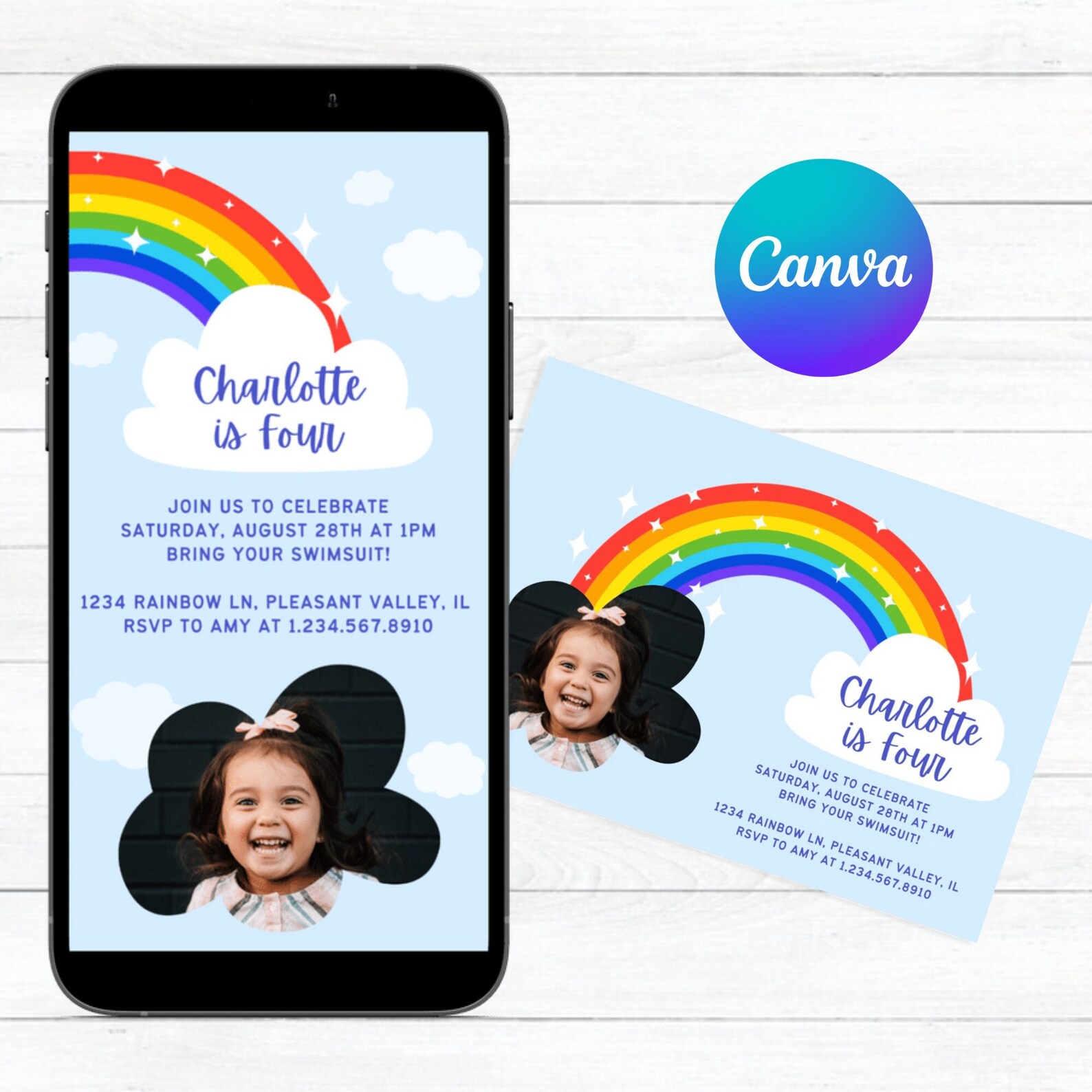 Rainbow Party Invite Editable Template Kids Birthday Photo - Etsy