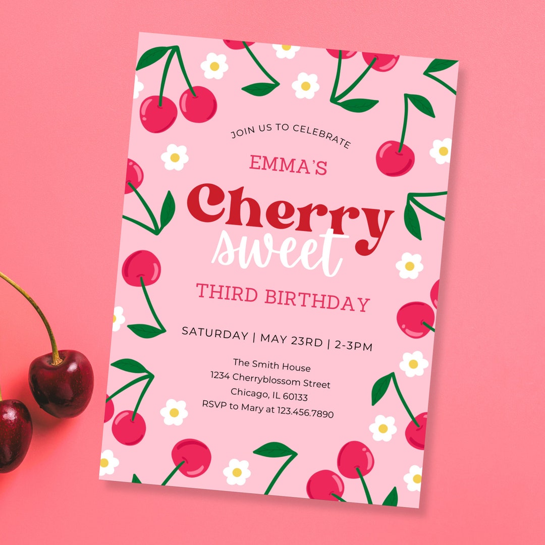 Cherry Sweet Birthday Invitation, Girls Birthday, Editable Template ...