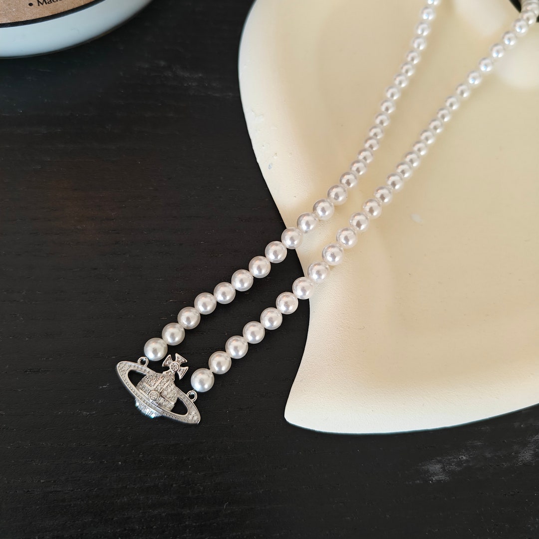 Saturn Necklace, Saturn Orb Necklace, Pearl Chain Necklace, Saturn ...