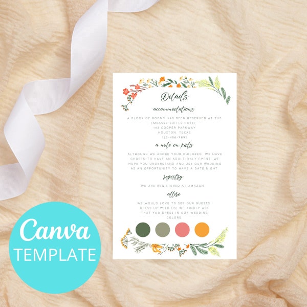 Wedding Details Card With Color Palette - Etsy
