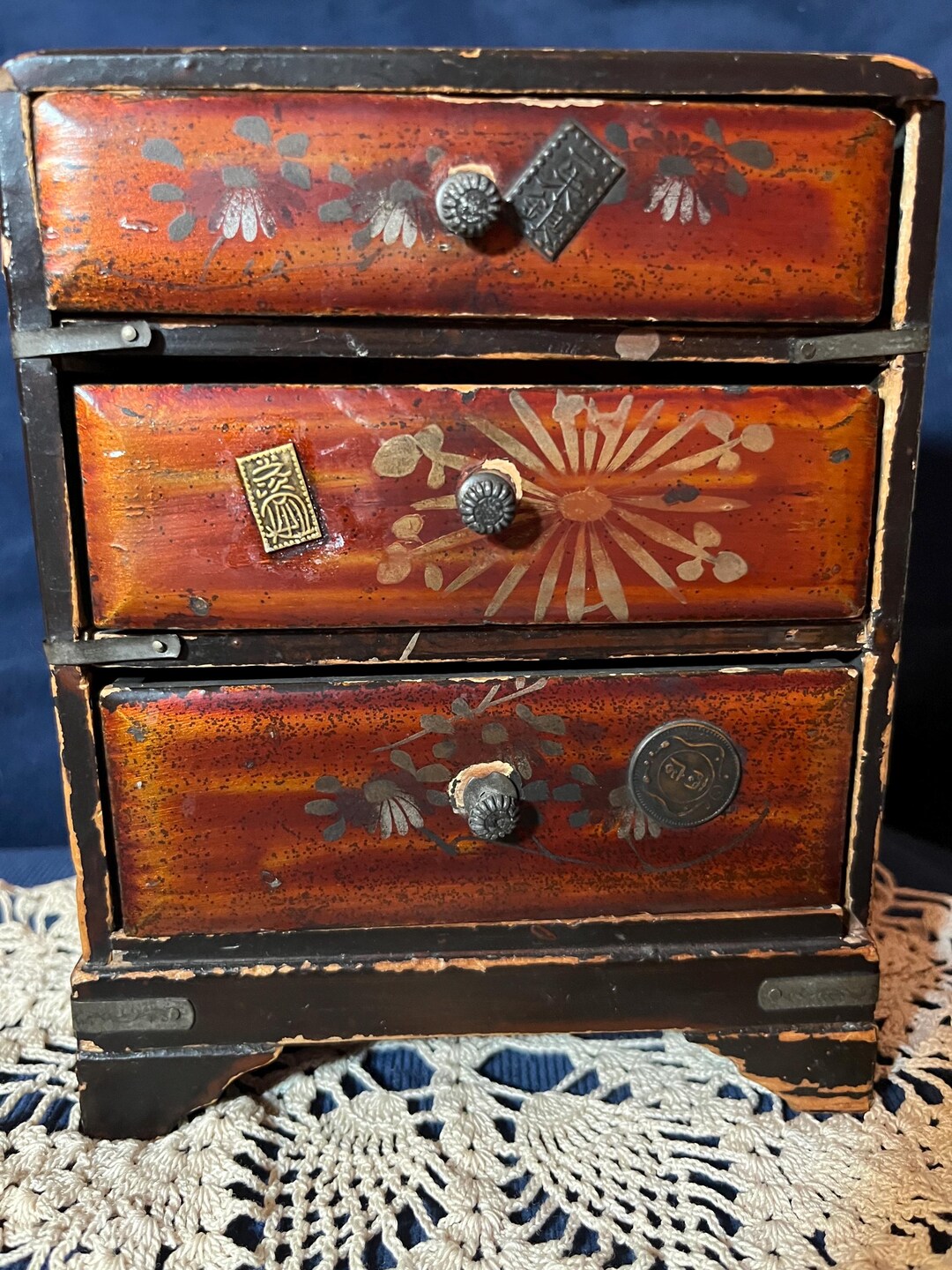 Antique Japanese Laquer Mini Chest of Drawers, Jewelry Box, Tansu Style ...
