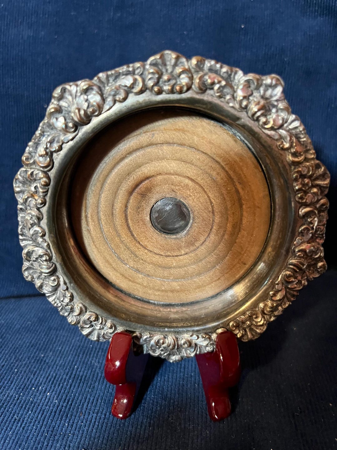 Antique Small Silver Plate Wine Bottle Coaster With Wood Base, Barware ...
