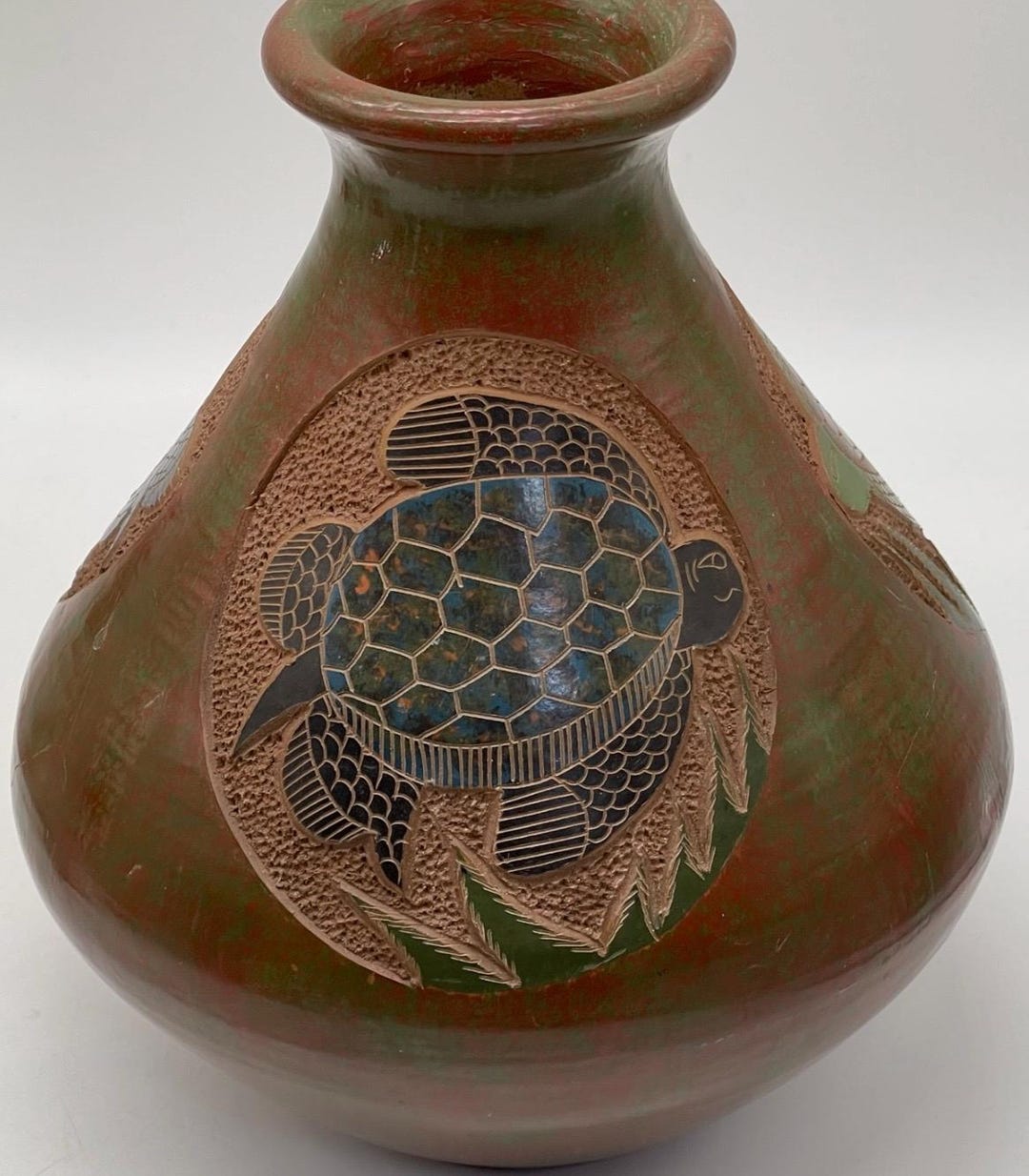 Vintage Sea Turtles Vase Studio Pottery Franklin Calero 8” Etched ...