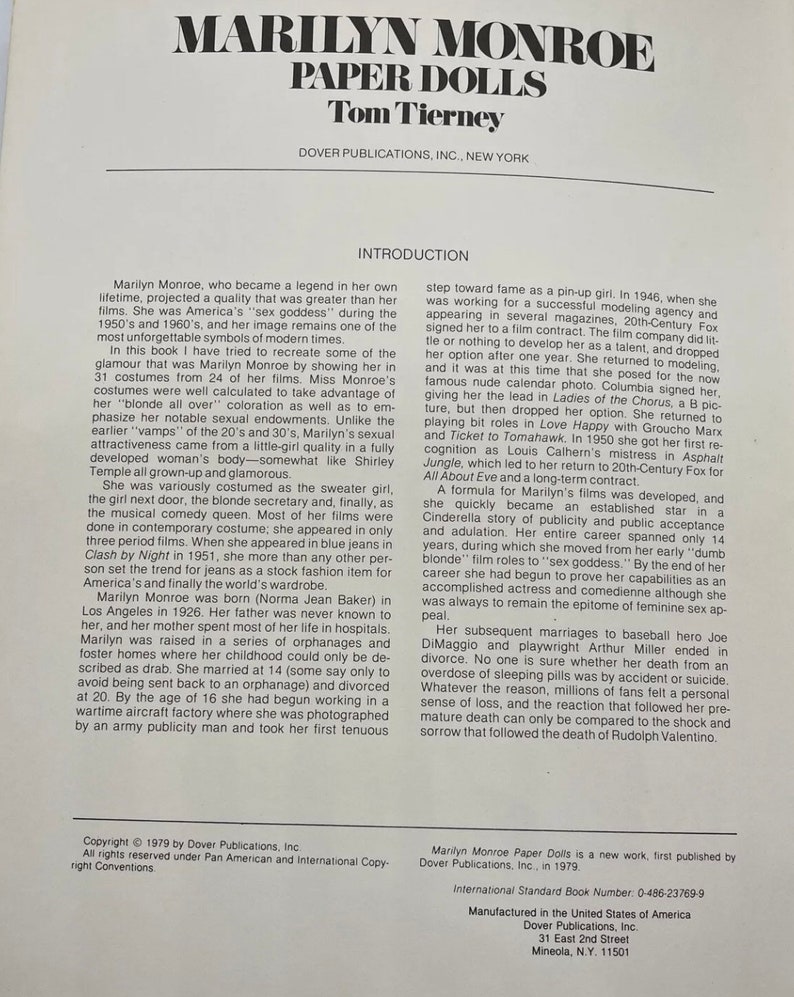 Vintage Tom Tierney Marilyn Monroe Paper Dolls 1979. - Etsy