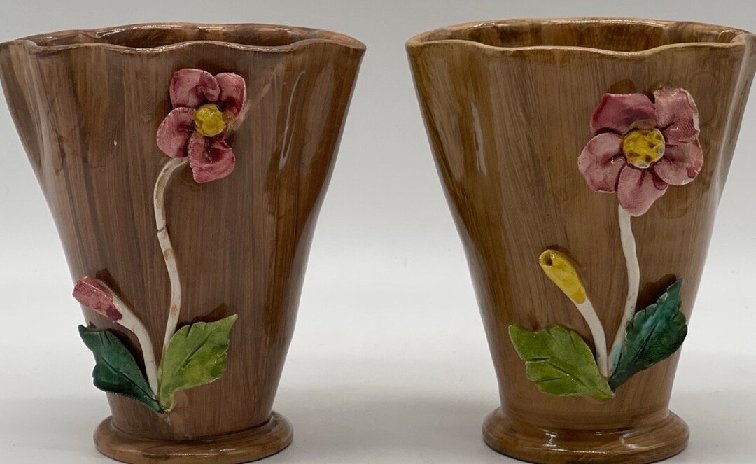 Vintage Italy Elbee Art Pottery Vases 115/201 Brown With Pink Flowers ...