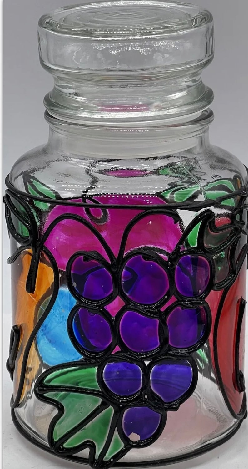 Vintage 1970s Hand Painted Fruit Glass Jar Stained Glass Look Boho Hippy MCM - Etsy