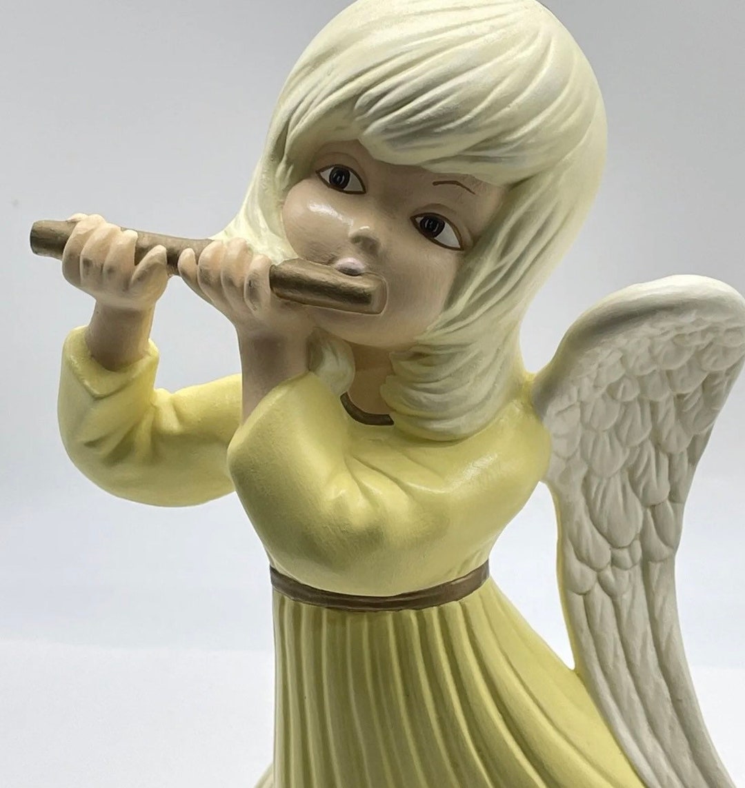 Vintage Chalkware Angel Playing Flute Hand Painted Figurine MCM Yellow ...