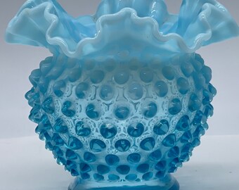Fenton Blue Opalescent HOBNAIL Vase With Double Crimped Rim 5, Ruffle ...