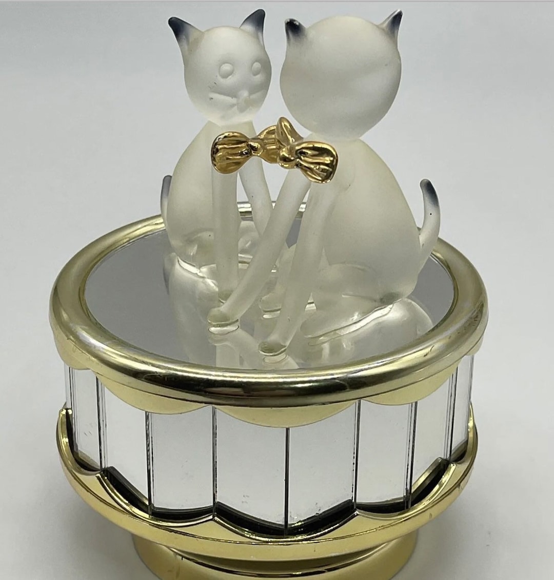 Glass Figural Cats Music Box on Rotating Mirrored Base Plays Edelweiss ...