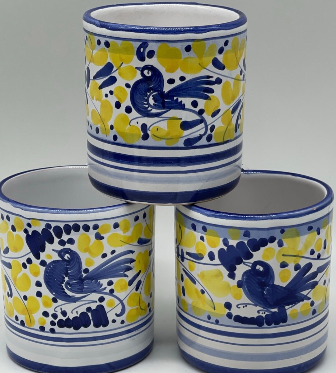 Italy Labor Deruta Bluebird Coffee Mugs Cups Yellow Flowers Bonechi ...