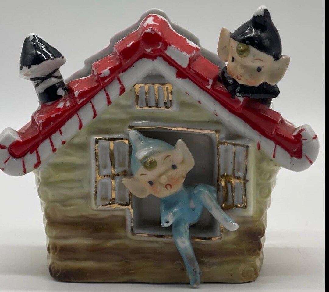 Rare Japan Pixies on Red Candy Striped House Planter 2 Elves Kitschy ...