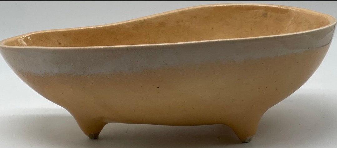 Vintage Drip Glaze Pottery Kidney Shaped Bowl Vase Planter MCM Tan ...