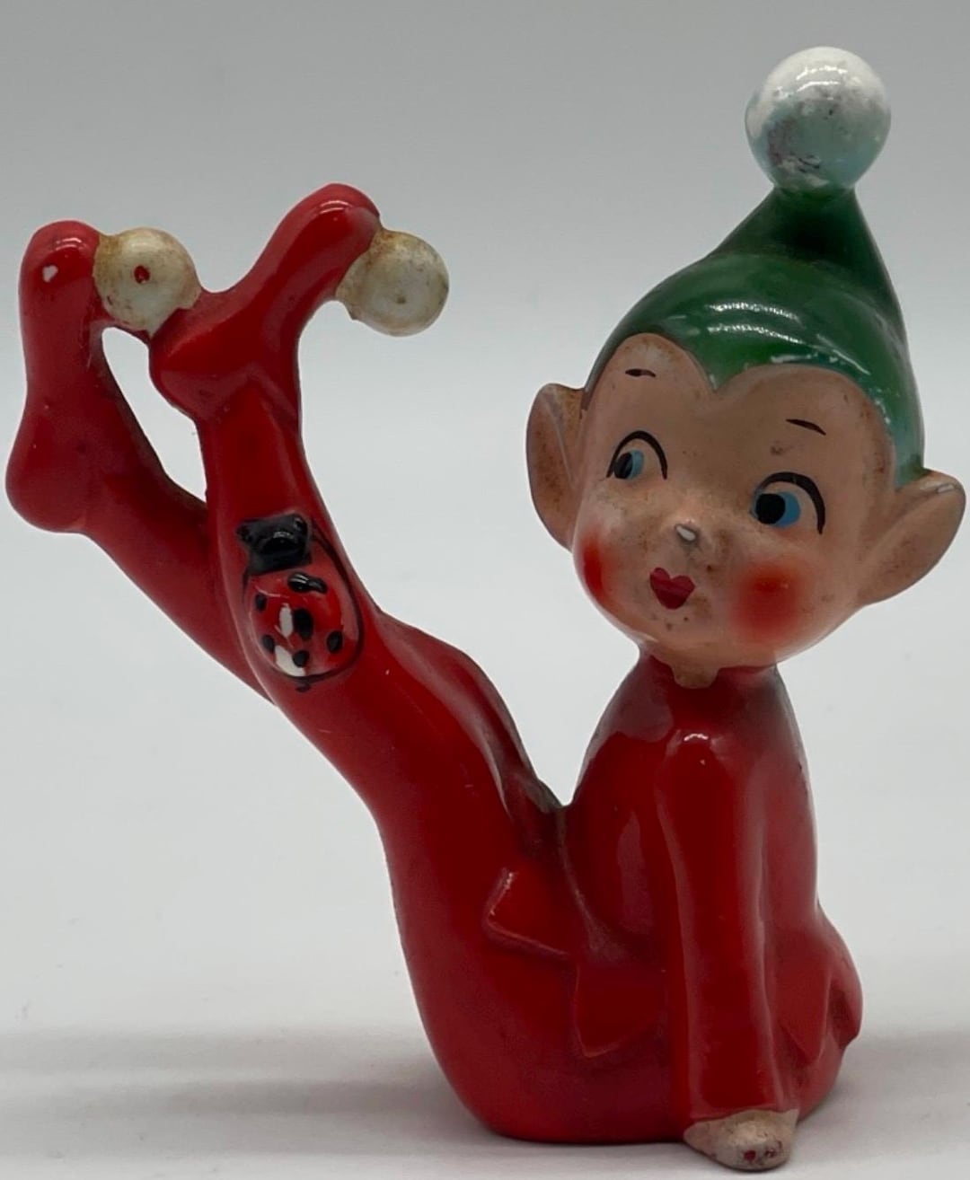 Vintage Japan Red Pixie Elf Figurine With Ladybug Kitschy HTF Legs Up ...