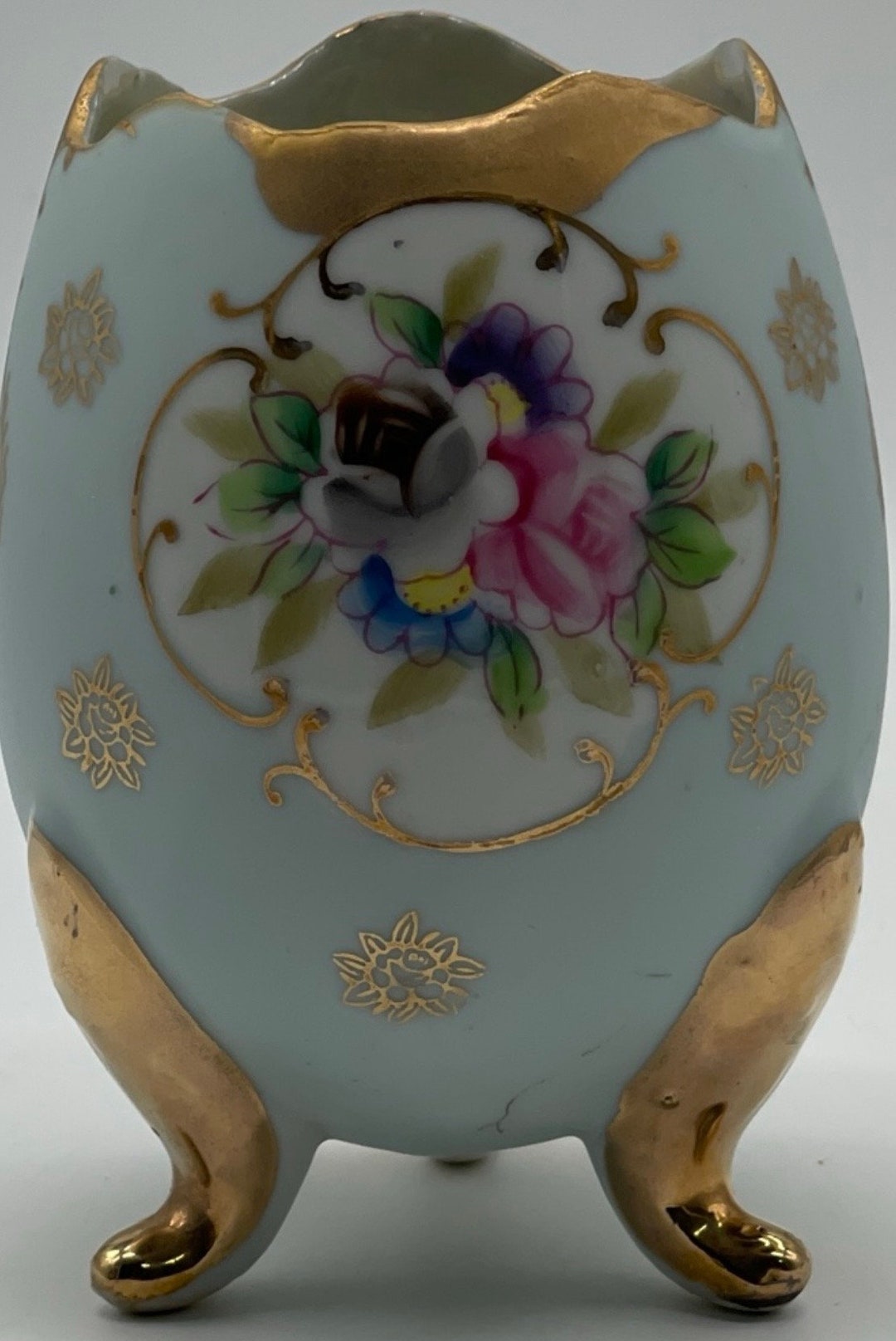 Vintage Arco Japan Blue Footed Egg Vase Planter Hand Painted Flowers ...