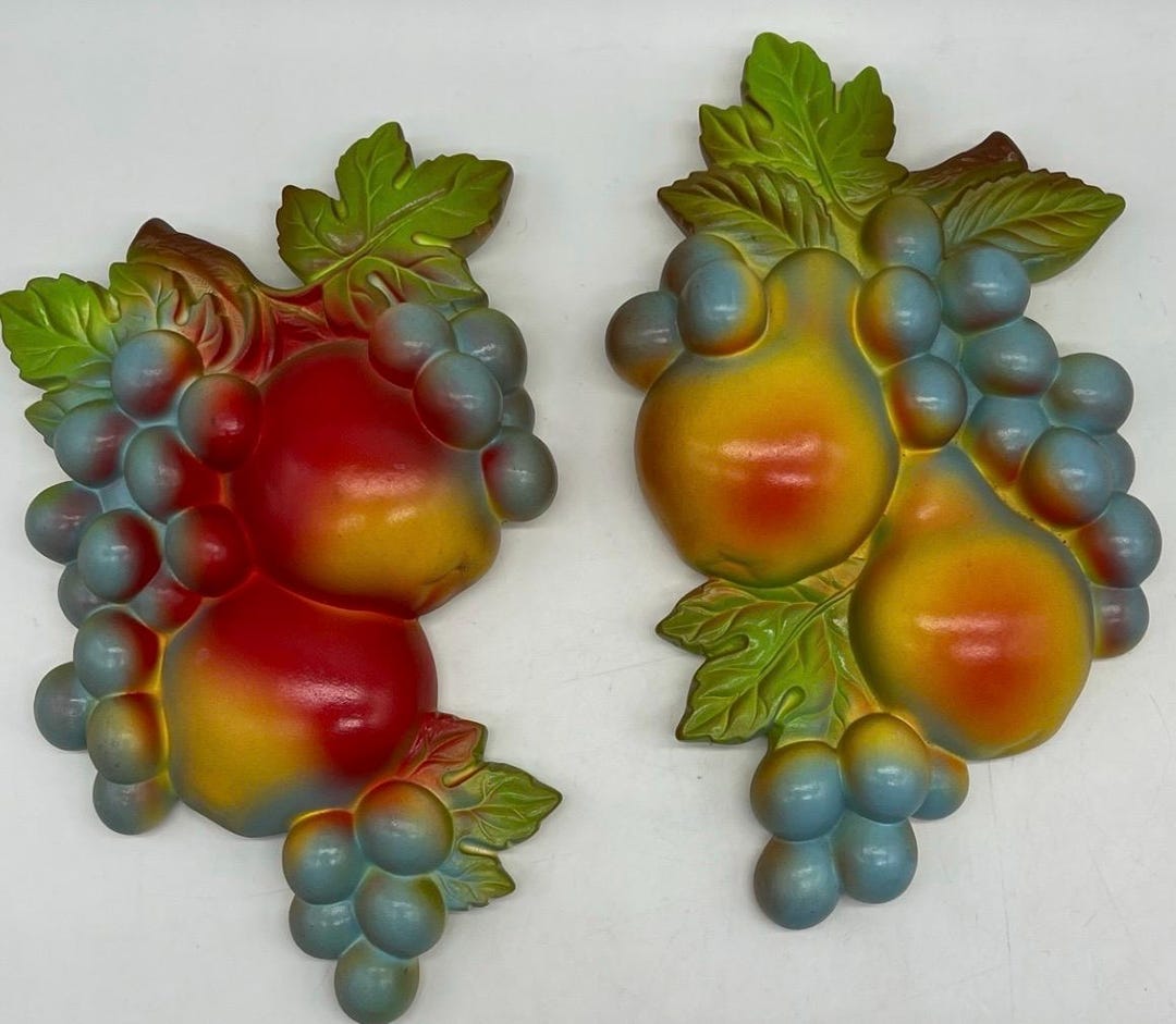 Vintage Miller Studios Chalkware Fruit Wall Plaques Apples Grapes Pears ...