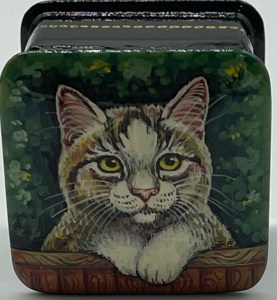 Vintage Russian Mctepa Tabby Cat Kitten Hand Painted Lacquer Box Hinged ...