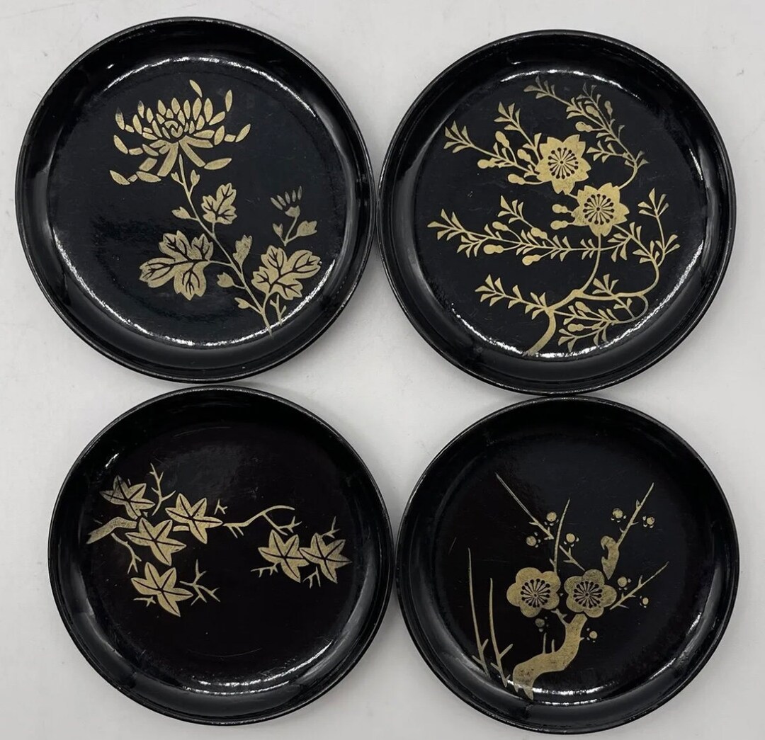 Vintage Japan Black Lacquerware Coaster Set With Container Gold Flowers ...