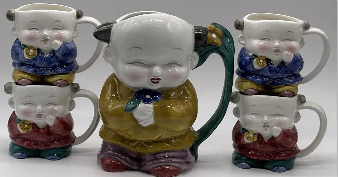 Vintage Japan Takahashi Figural Asian Pitcher and Cups Set Unique ...
