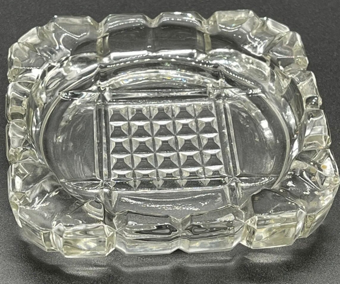 Vintage Hazel Atlas Crystal Glass Ashtray Klondike Pattern Square ...