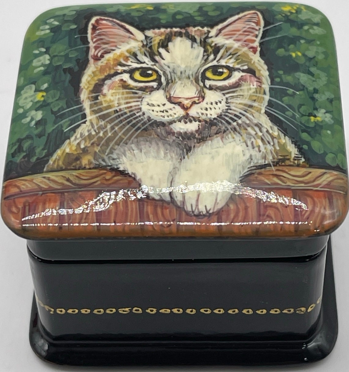 Vintage Russian Mctepa Tabby Cat Kitten Hand Painted Lacquer Box Hinged ...
