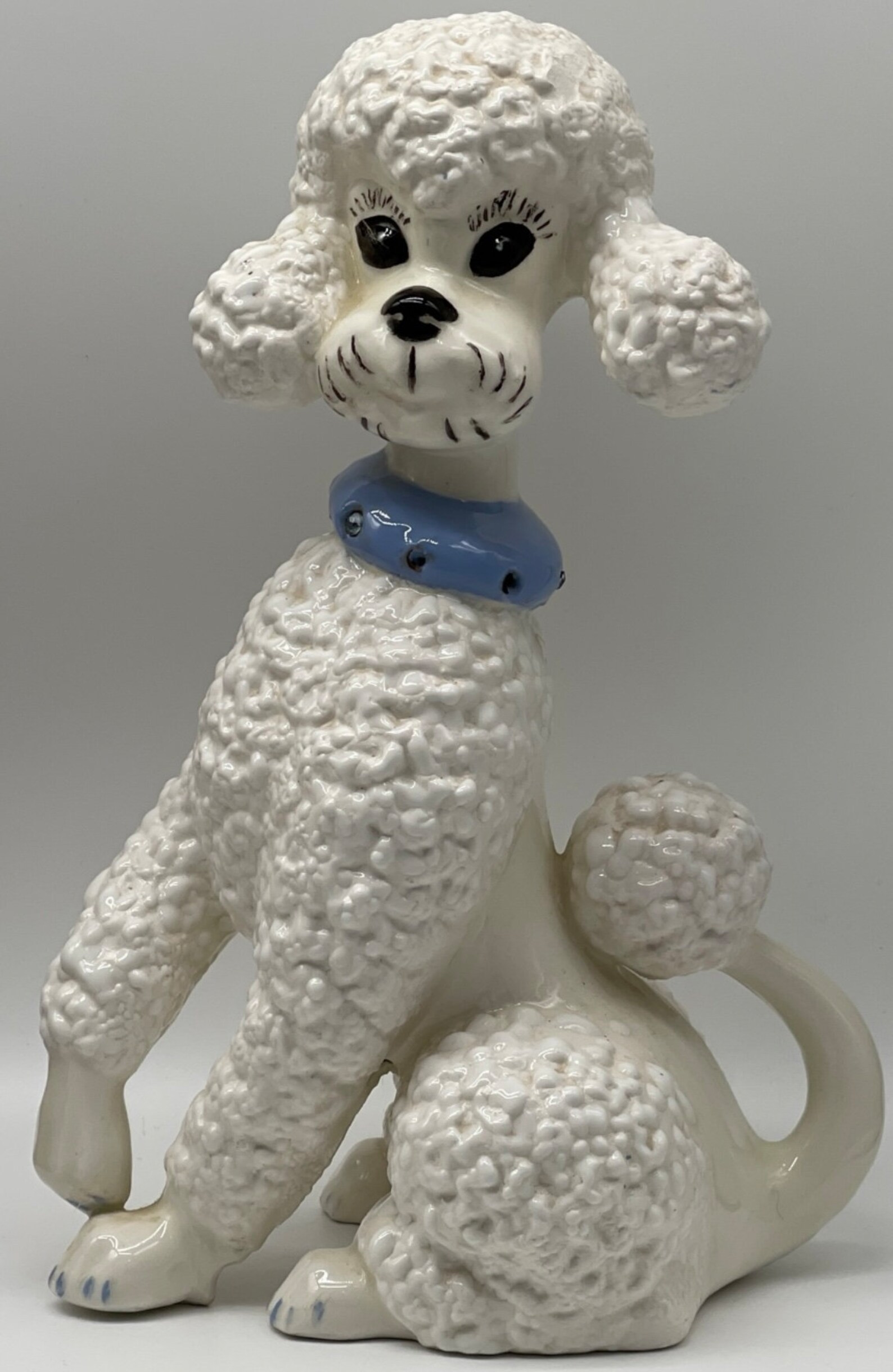 Vintage White Poodle Ceramic Figurine Statue Blue Collar With ...