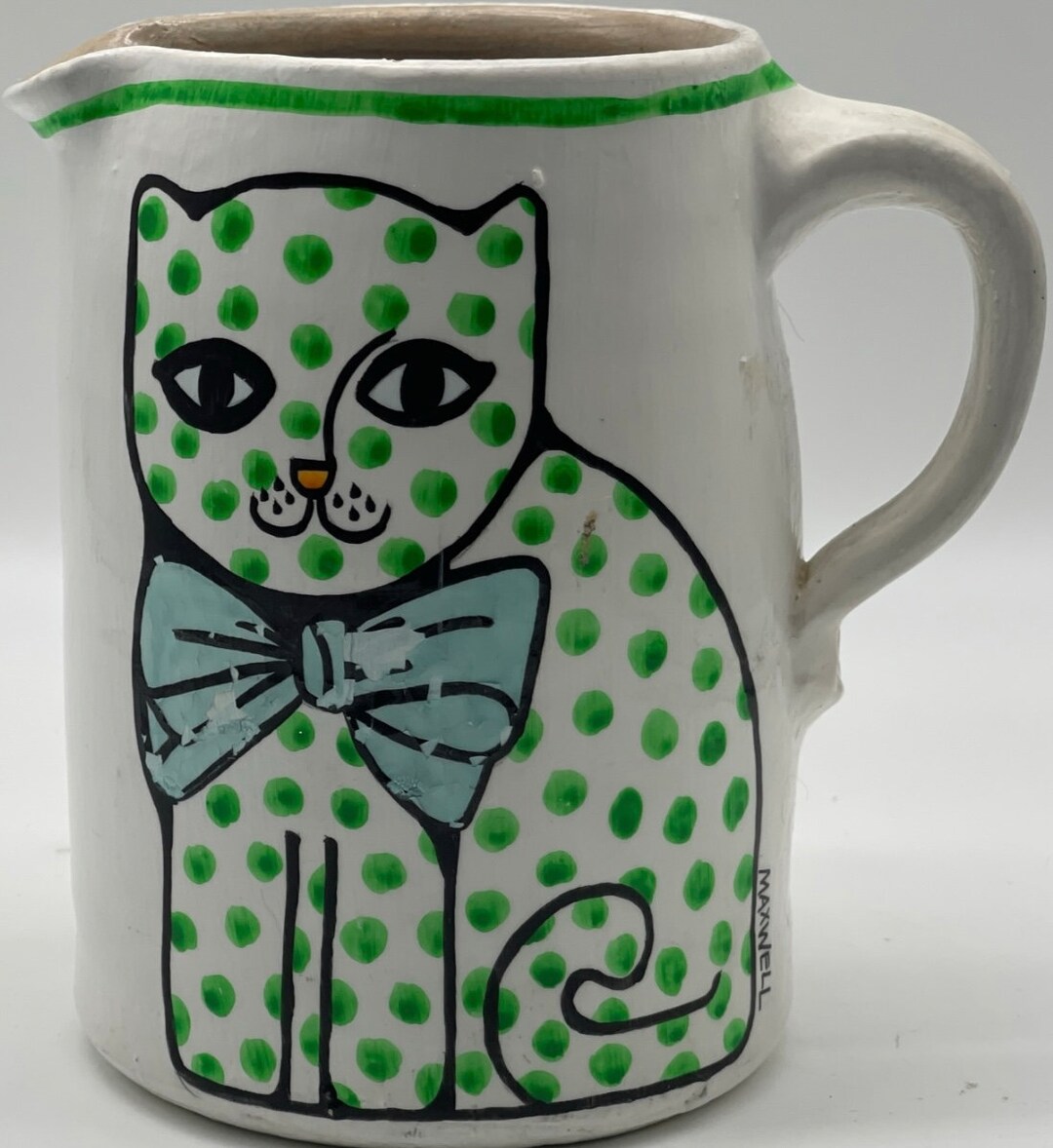 Vintage Maxwell Art Pottery Cat Pitcher Creamer Green Spotted Kitten ...